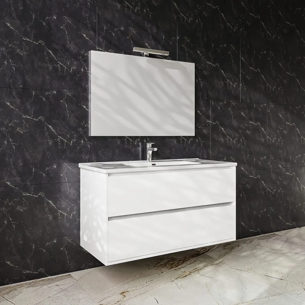 Mobile bagno sospeso da 100 cm bianco lucido con due cassetti Glass | BIANO