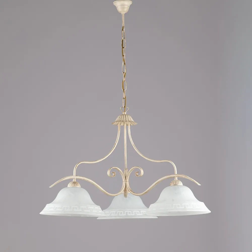 Lampadario Country Chic 3 Luci Ferro Battuto e Vetro Avorio e Oro Serie Atene | BIANO