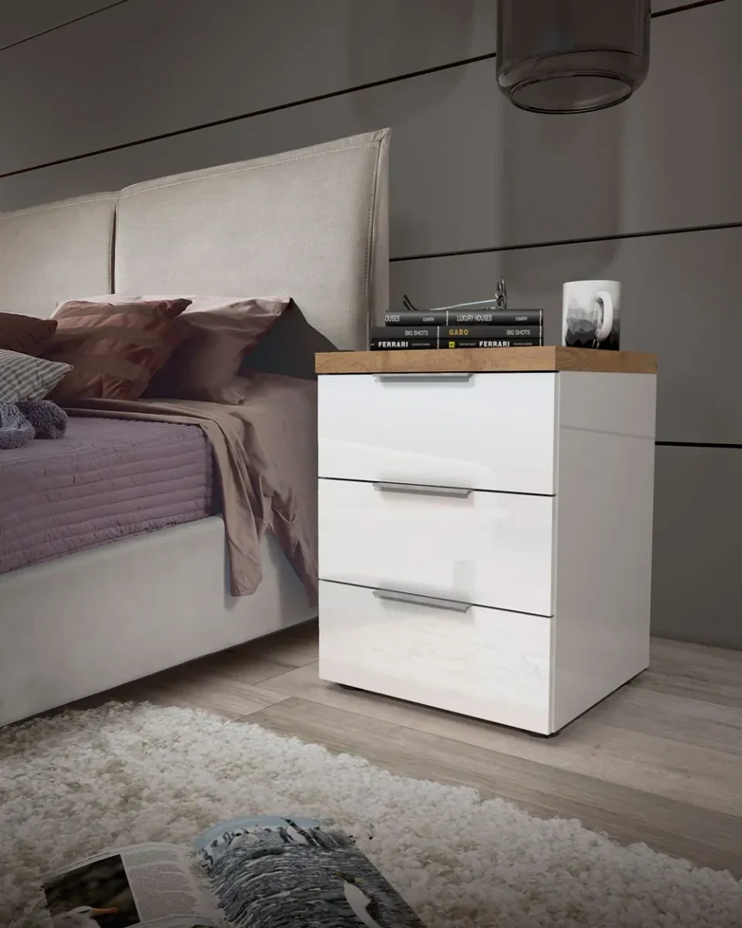 Moderno comodino a 3 cassetti, finitura Bianco lucido e Castagno | BIANO
