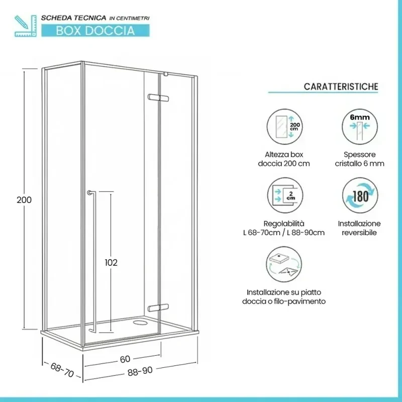 Box doccia angolare 70x90 con porta battente cristallo trasparente e ...