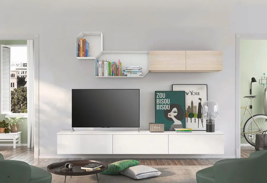 Parete attrezzata sospesa per zona living, Rovere bianco e Ciliegio ...